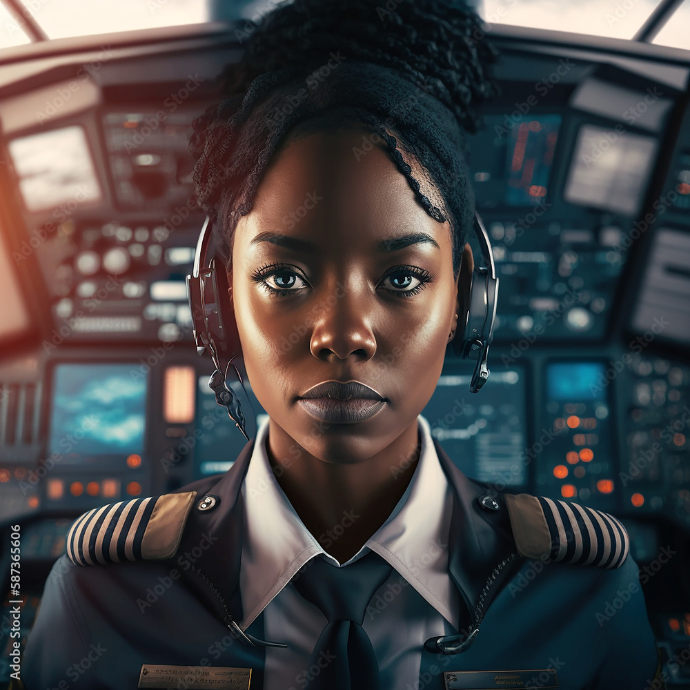 Black Woman Female Commercial Airplane Pilot In Cockpit Fictional ...