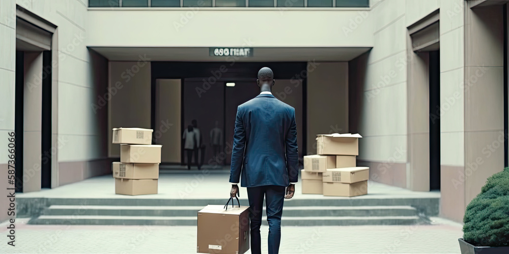 Sad young black man got fired walking by office - Generative AI Stock ...