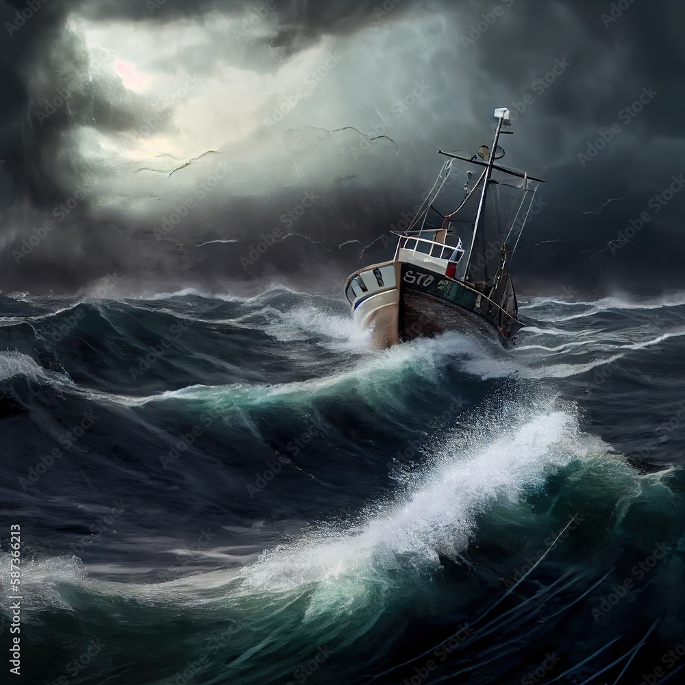 Fishing trawler in a storm on the waves, created with generative ai ...