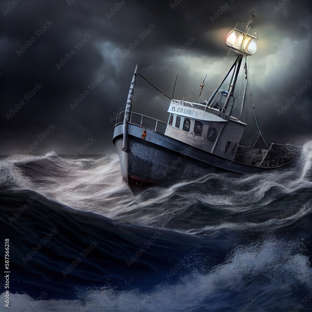 Fishing trawler in a storm on the waves, created with generative ai ...