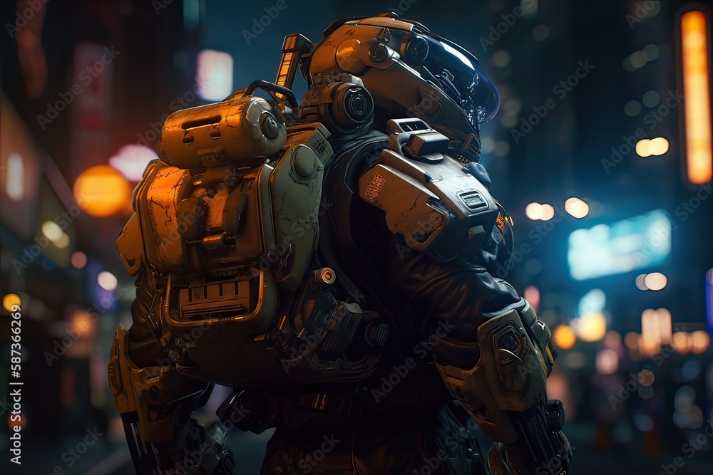 Close up A robot from the future. cyborg futuristic holographic ...