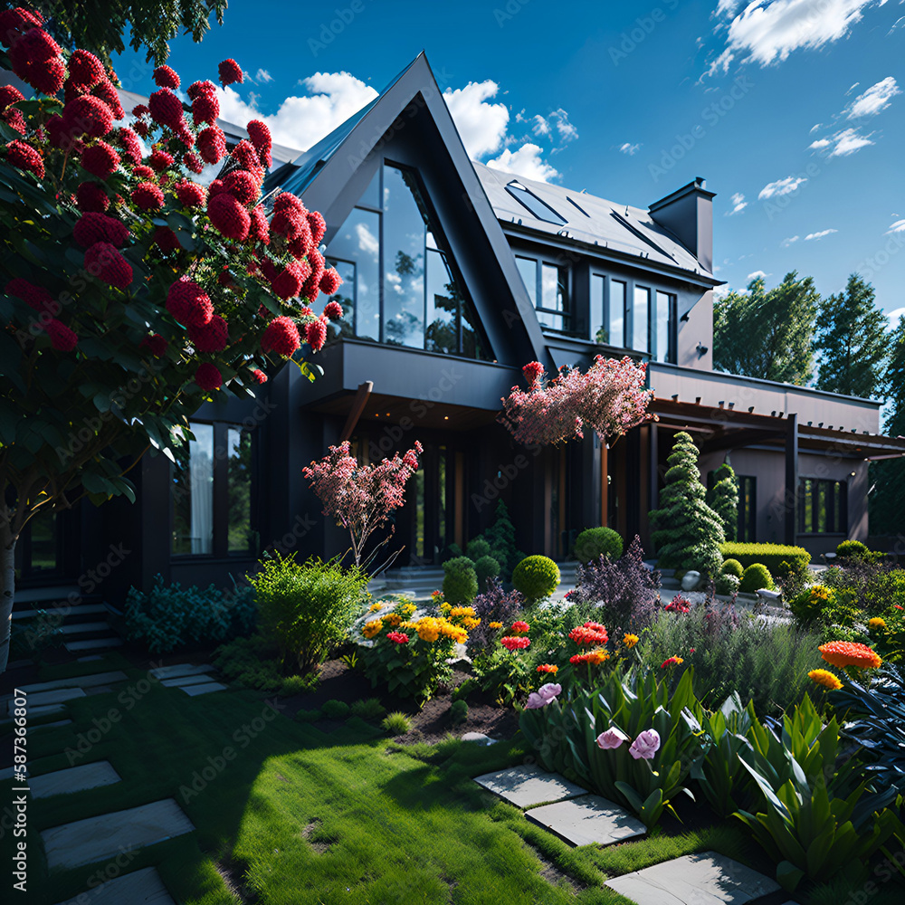 Illustration of the façade of a private house. The surroundings of the ...