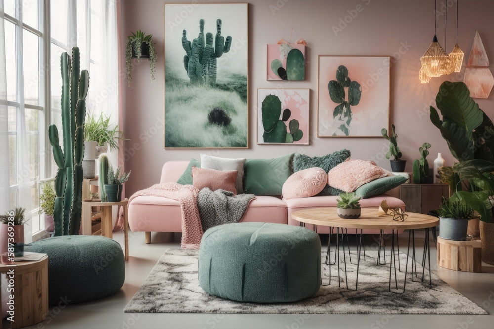 Cactus and hexagon paintings over a comfy couch with several cushions ...