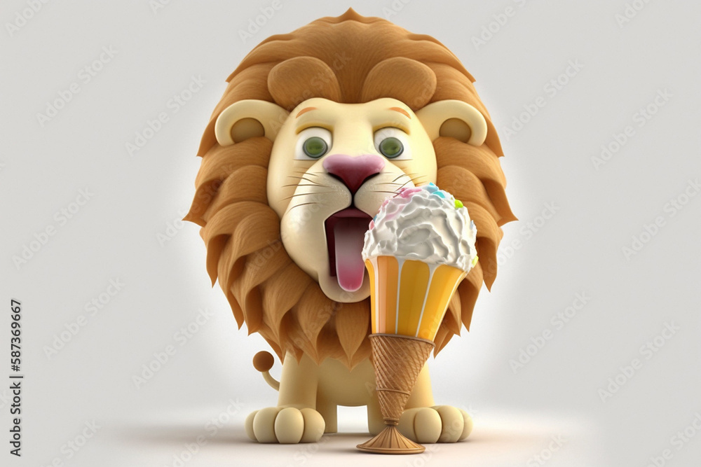 Cartoon lion with ice cream on a white background. Generated by AI ...