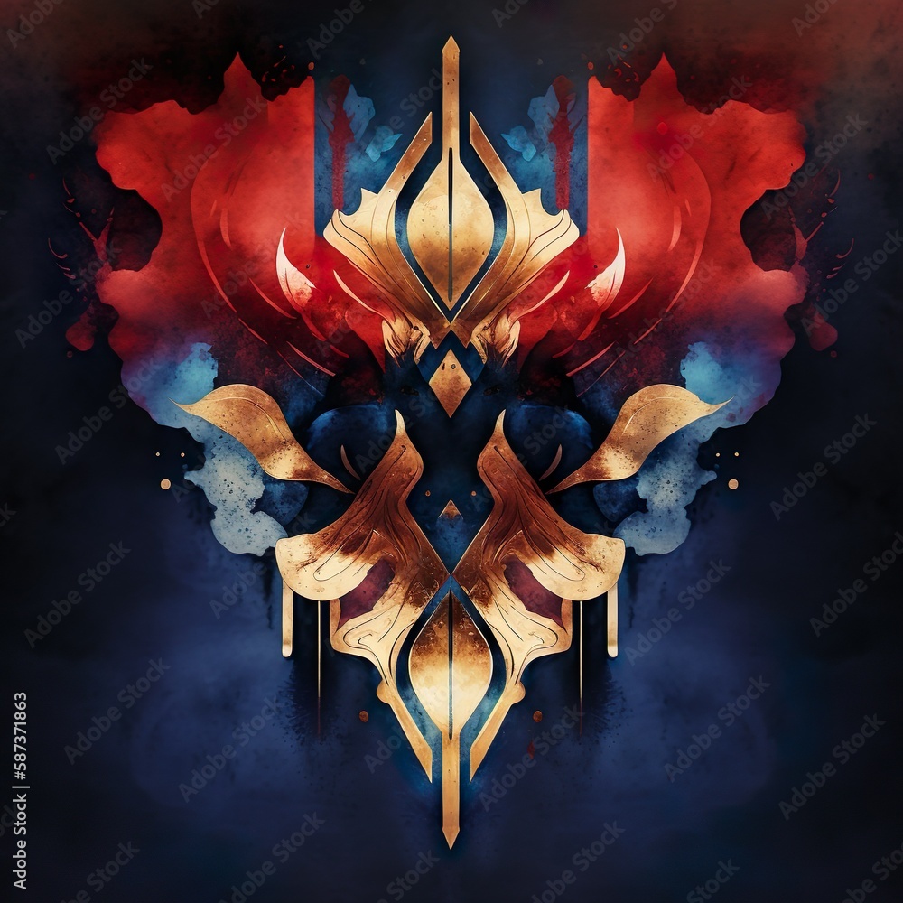 Abstract watercolor Rorschachach ink blot test. Red and indigo blue Art ...