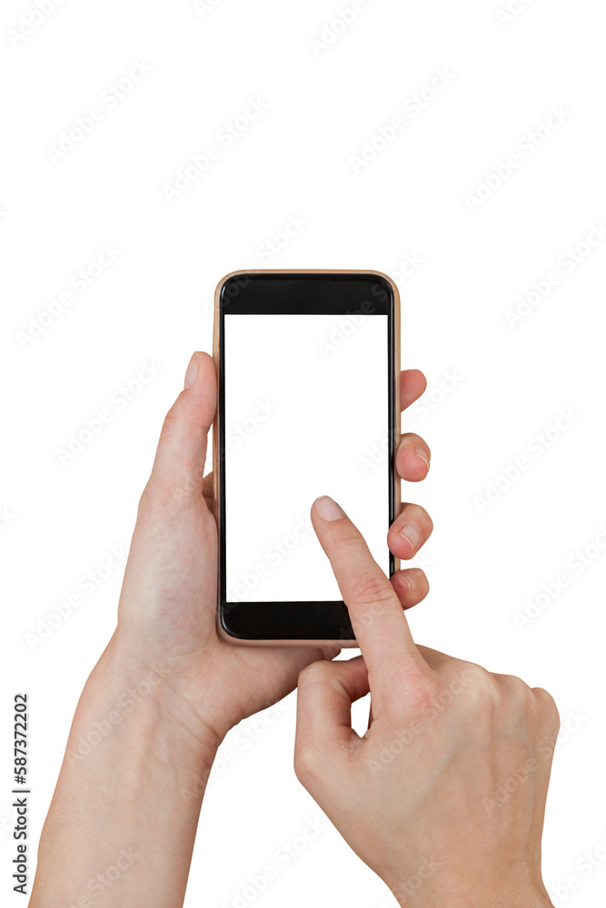 Human hand holding smart phone over white background Stock Photo ...