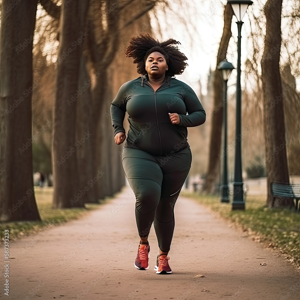 AI generated Overweight african american woman running in the park ...