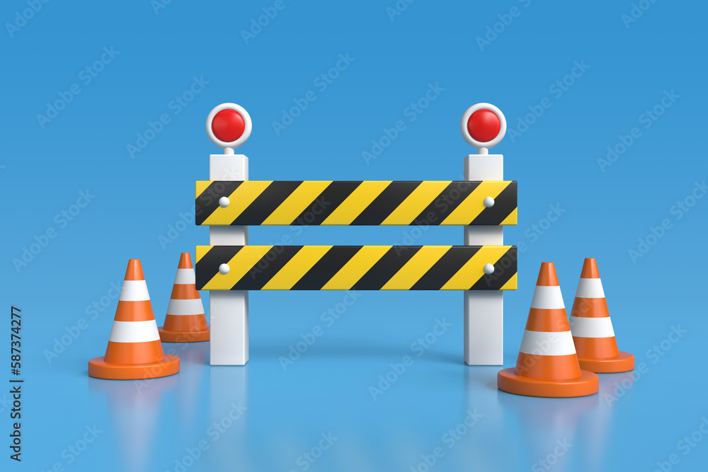 The road is closed. 3D checkpoint icon with red lanterns and traffic ...