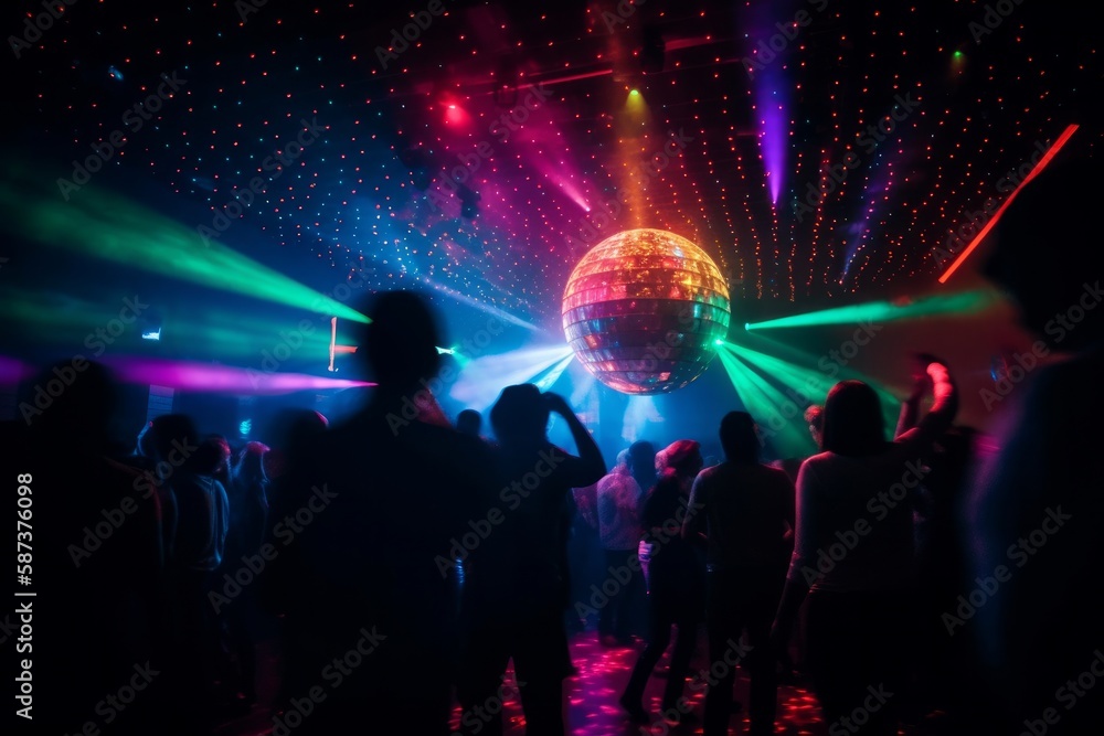 Illustration of people dancing under a shining disco ball in a club ...