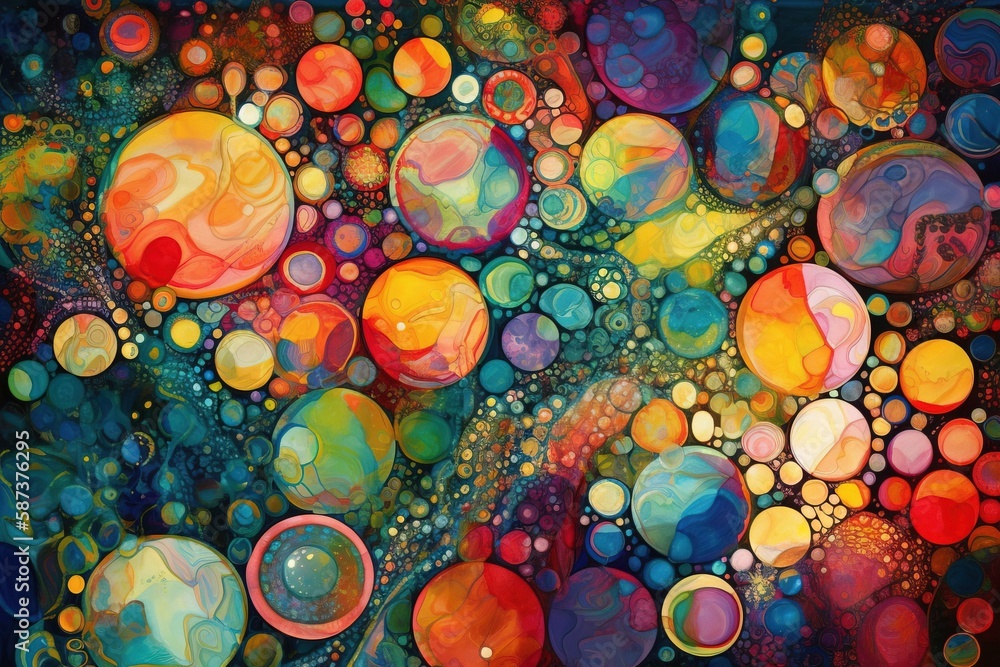 a painting of many different colored bubbles on a black background with ...