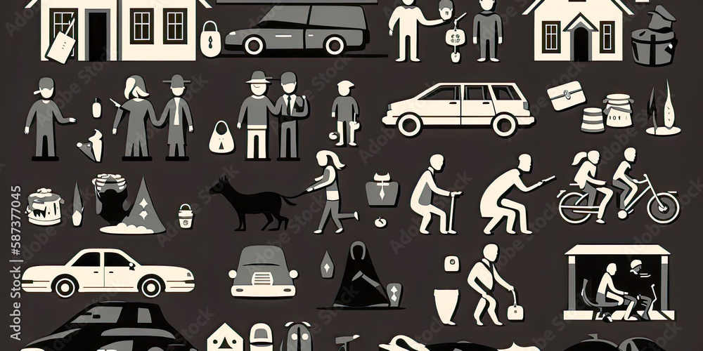 Pictogram depicts various criminal activities and criminals ...