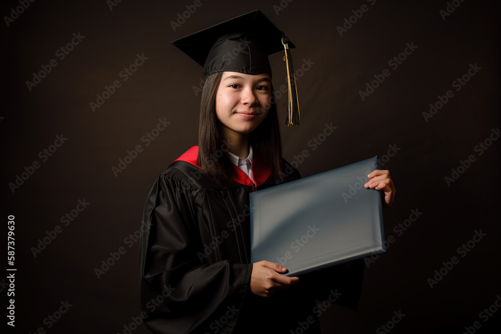 Proud and happy graduate in graduation cap and gown holdong a diploma ...