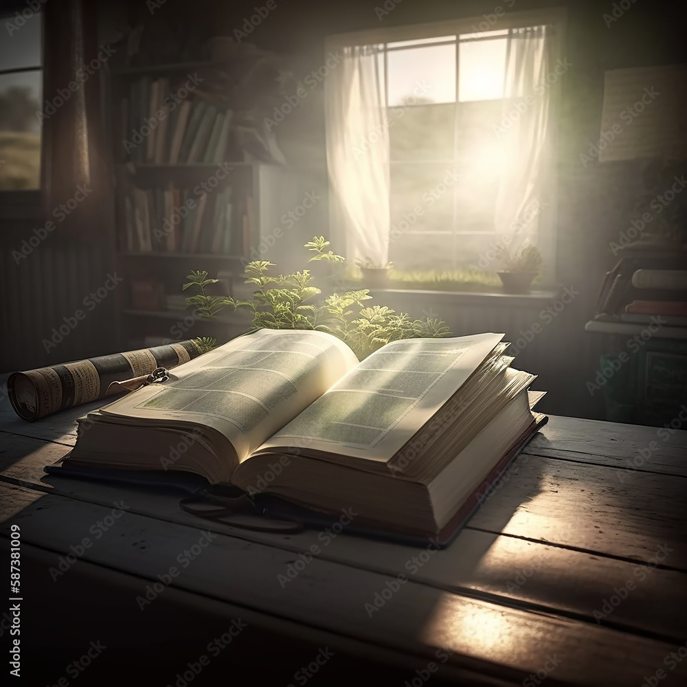 Open Book Inside Of Old Abandoned Home With Window Light Shinning On ...