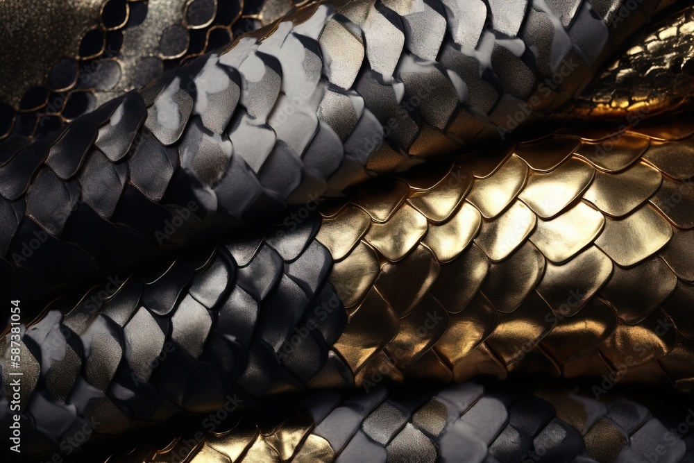 a close up view of a snake skin material with gold and black details on ...