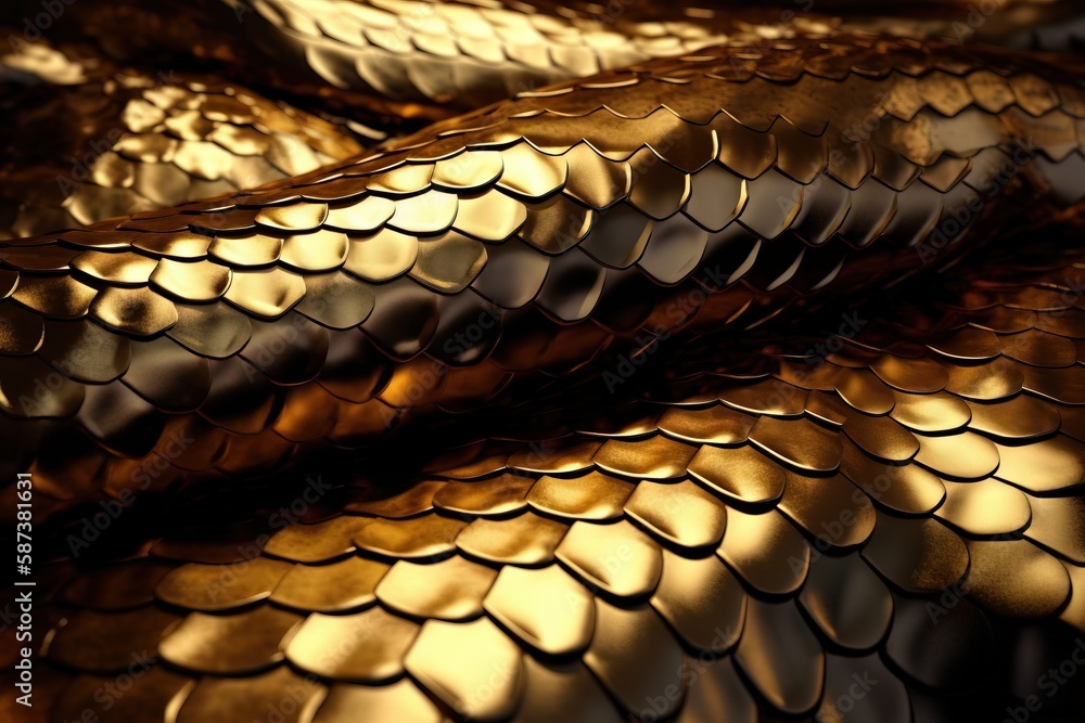 a close up of a gold snake skin pattern on a black background with gold ...