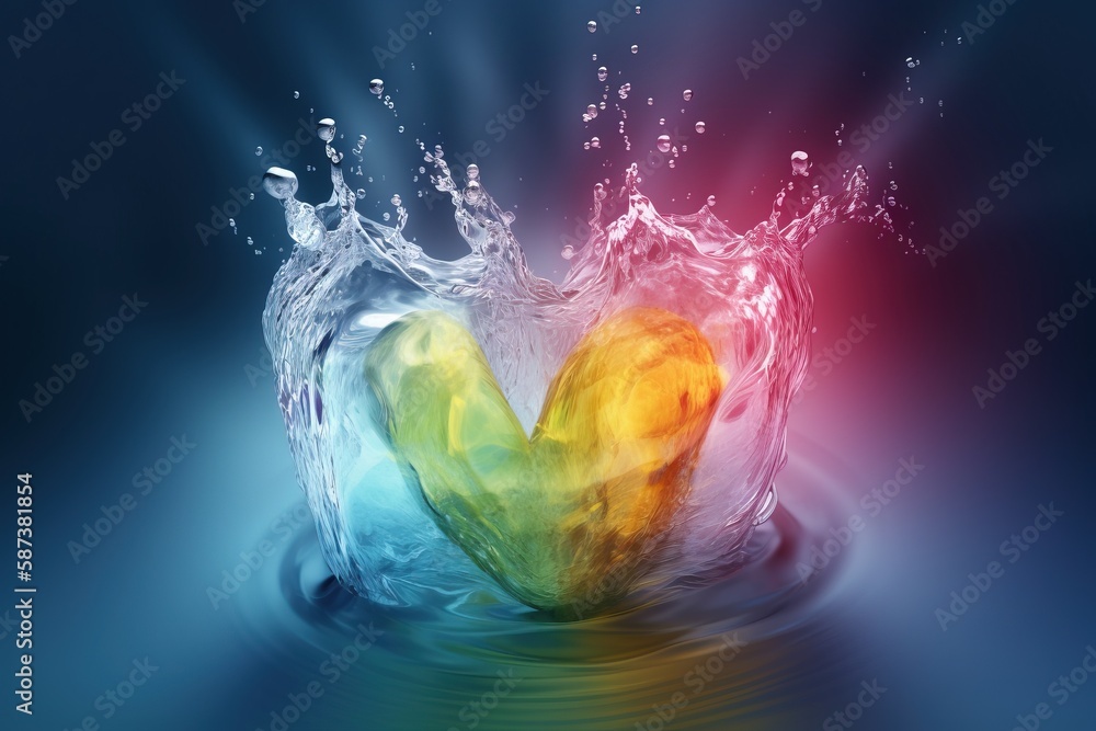 a colorful heart shaped water splash with a blue background and a red ...