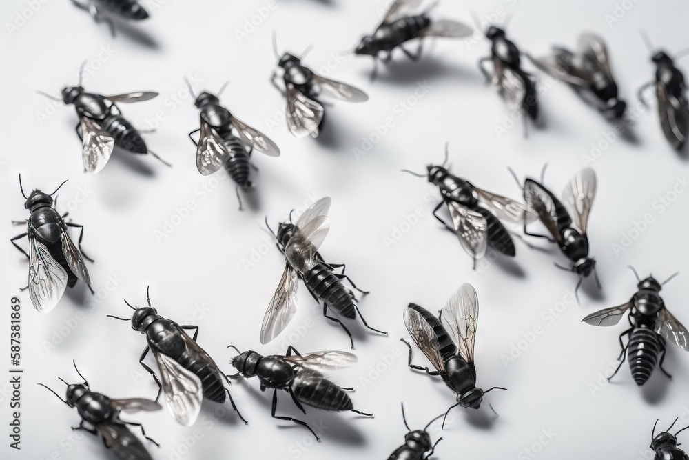 a group of black and white flies on a white surface with one flying ...