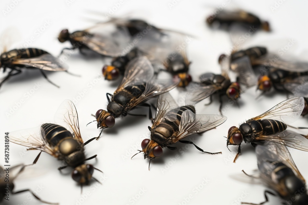 a group of flies sitting on top of a white table next to a white wall ...