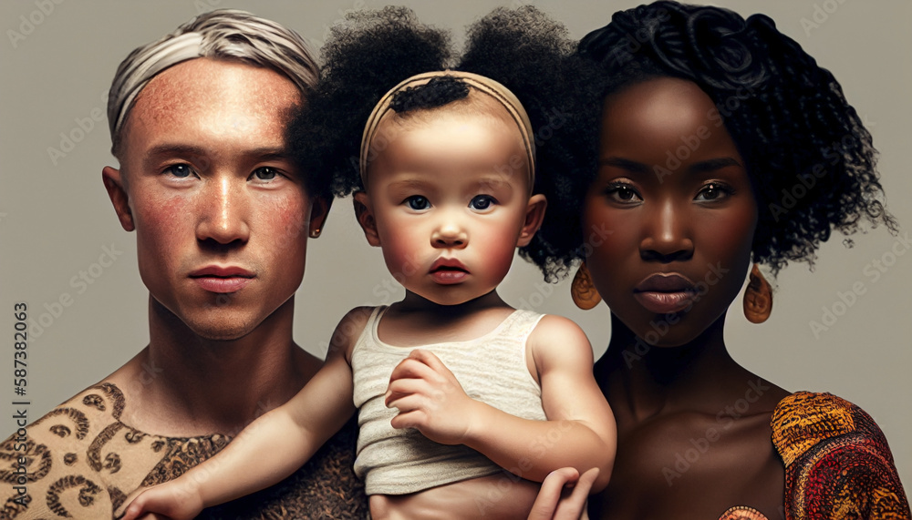 Diverse family of different racial backgrounds with one child. Colorful ...