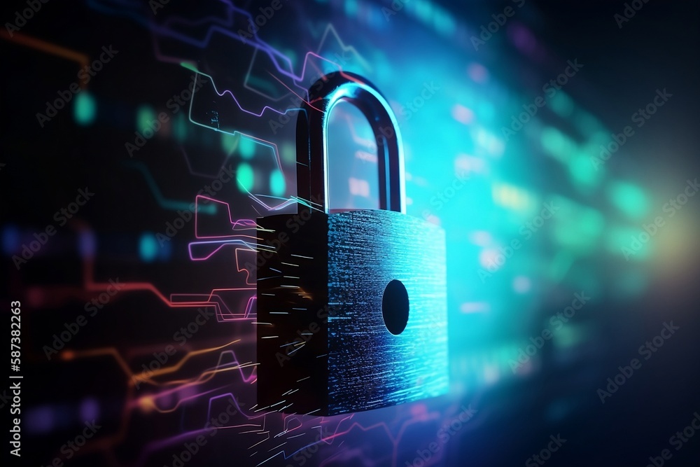 Impressive digital artwork featuring a padlock in sharp detail against a backdrop of glowing ...