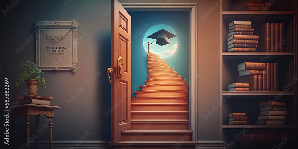 Open book with stair to graduation cap, the door with gold key ...