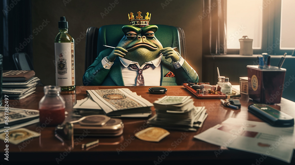 Serious company boss- frog with a king's crown smoking behind luxury ...