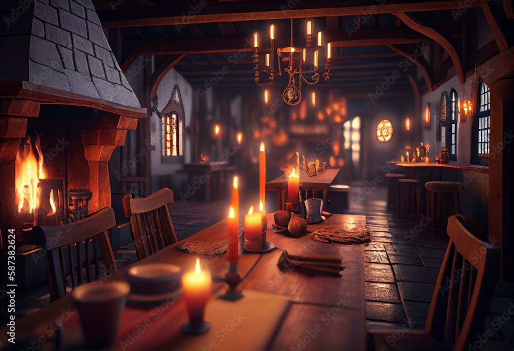 3D rendering of a medieval tavern interior lit by candlelight and ...