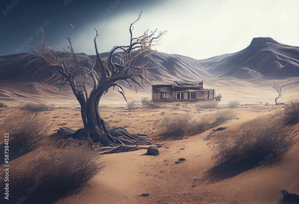 Barren Landscape Fith Crached Dried Soil, Abandoned Farm And Dead Tree ...