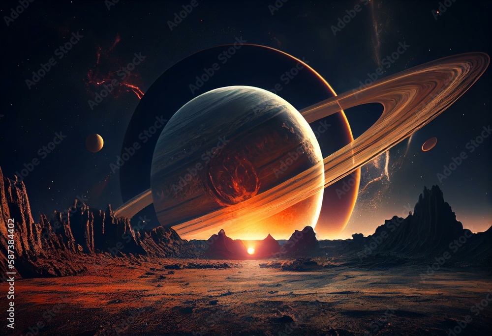 planet with rings and moons, planet and satellites sci fi space ...