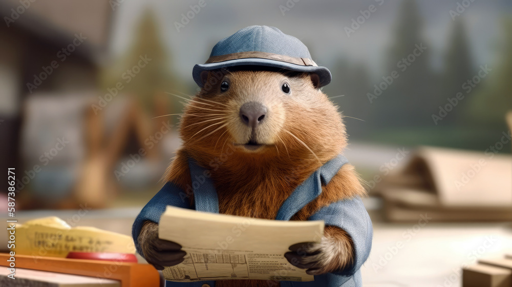 diligent beaver, dressed in a construction worker's outfit, examining a ...