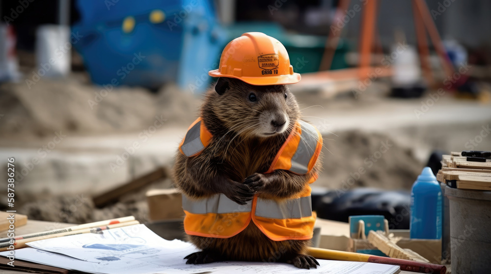 diligent beaver, dressed in a construction worker's outfit, examining a ...