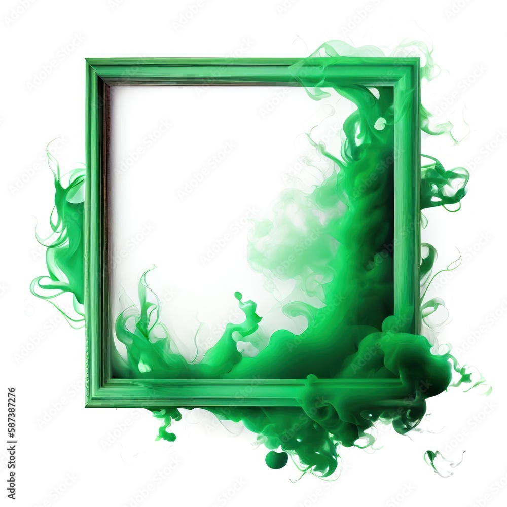 Green swirling smoke square frame isolated on white background. Green color abstract smooth ...