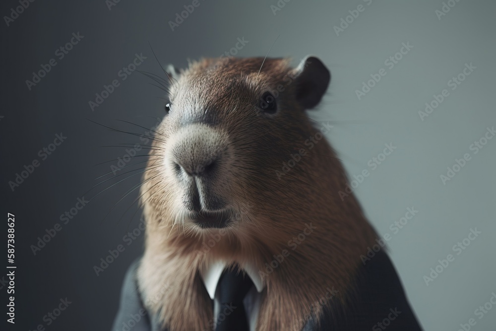 a close up of a rodent wearing a suit and tie with his head tilted to ...