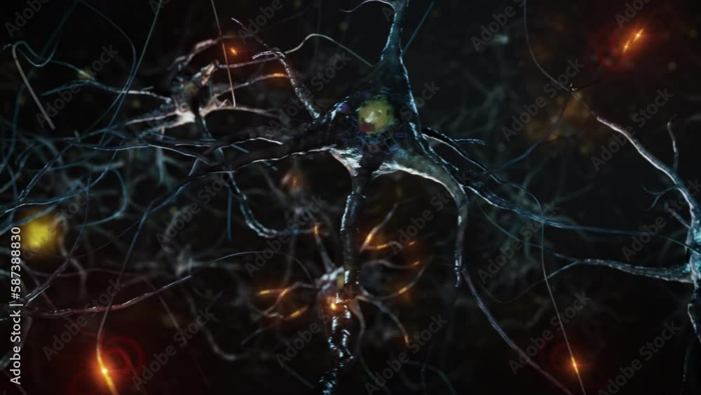 3D Animation of Neurons Firing Electrical Impulses. Nerve Cell Activity in the Brain ...