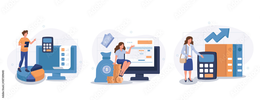 Budget bookkeeping illustration set. People doing paperwork. Characters ...