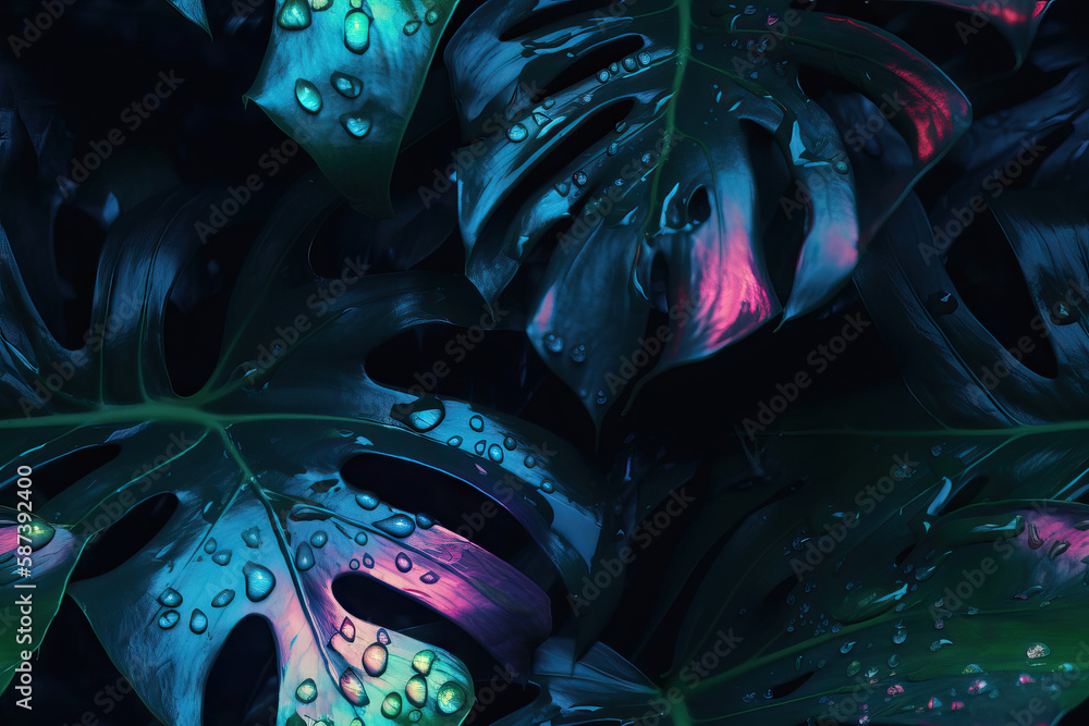 Generative AI illustration of neon Monstera deliciosa leaves growing in ...