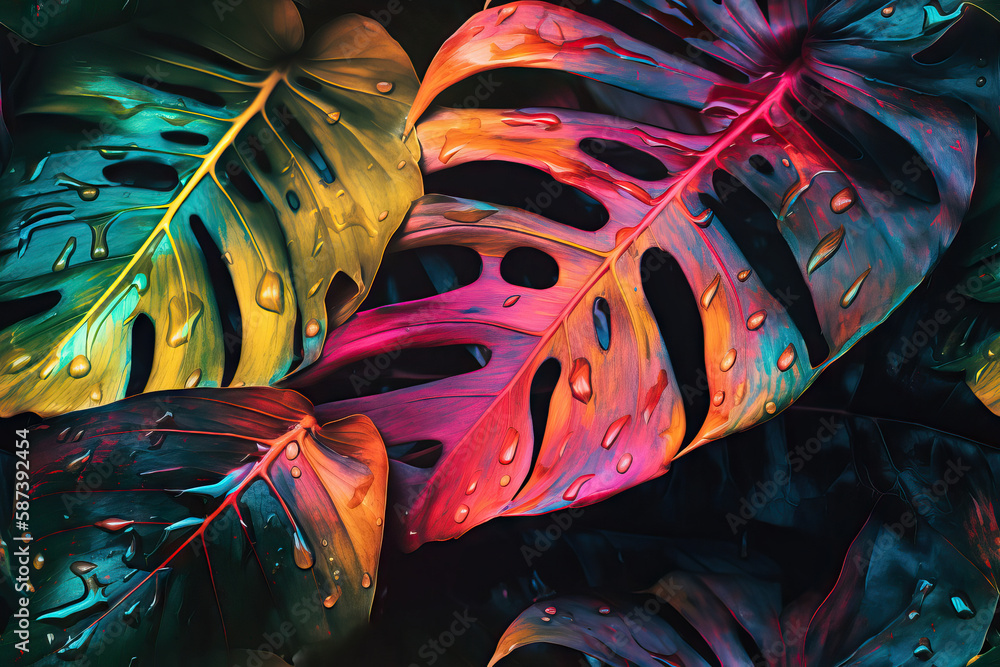 Generative AI illustration of neon Monstera deliciosa leaves growing in ...