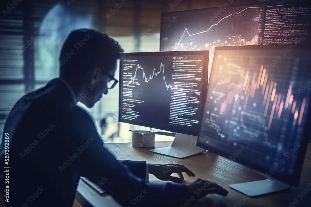 Ilustração do Stock: a man sitting in front of a computer monitor with ...
