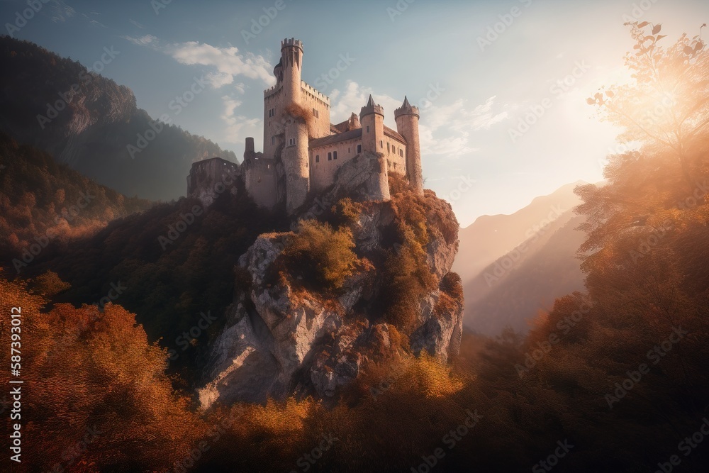 a castle perched on a cliff surrounded by trees and mountains in the ...