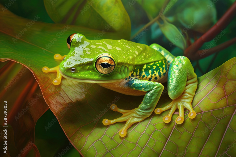 Generative AI illustration of high detailed realistic green frog with ...
