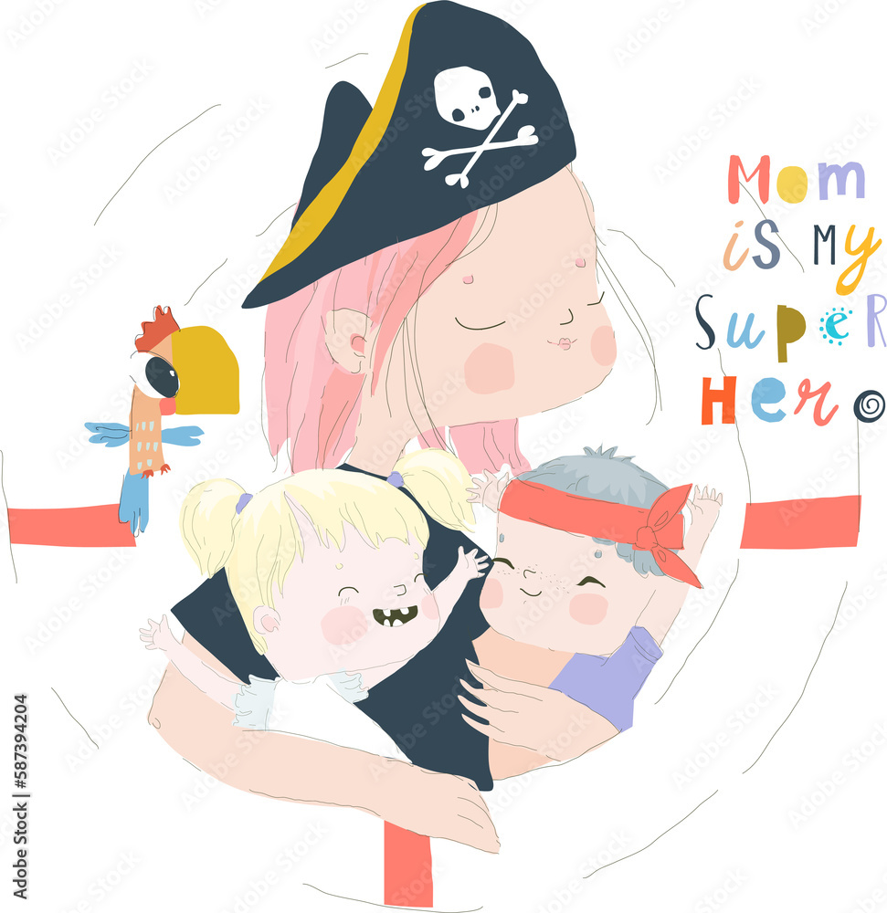 Cute Mother Pirate hugging Her Kids. Vector Illustration Stock ...
