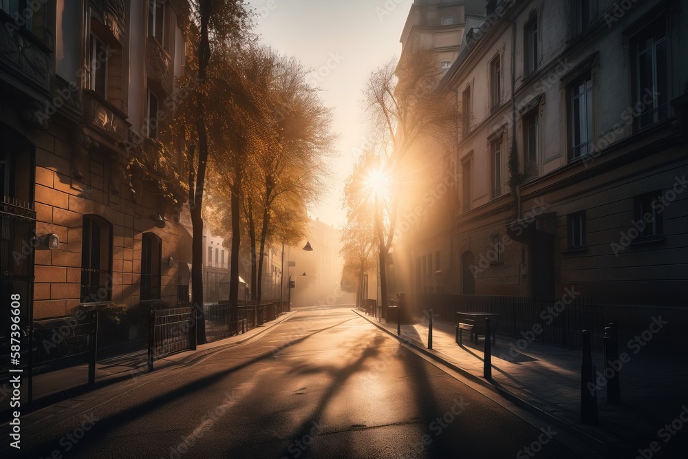 the sun is shining down on a street lined with tall buildings and trees ...