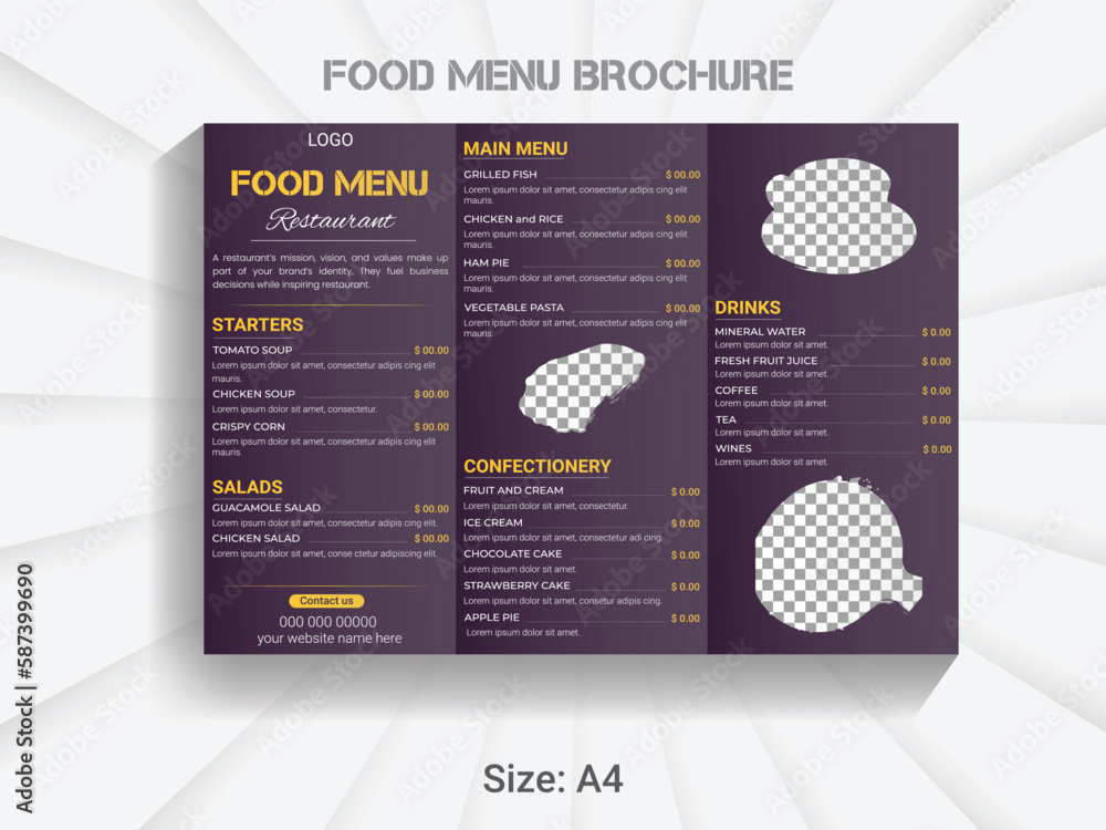 A4 size trifold brochure food menu template. modern vector restaurant ...