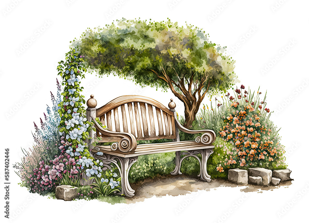 Old rustic wooden bench in a garden in summer. AI generated background ...