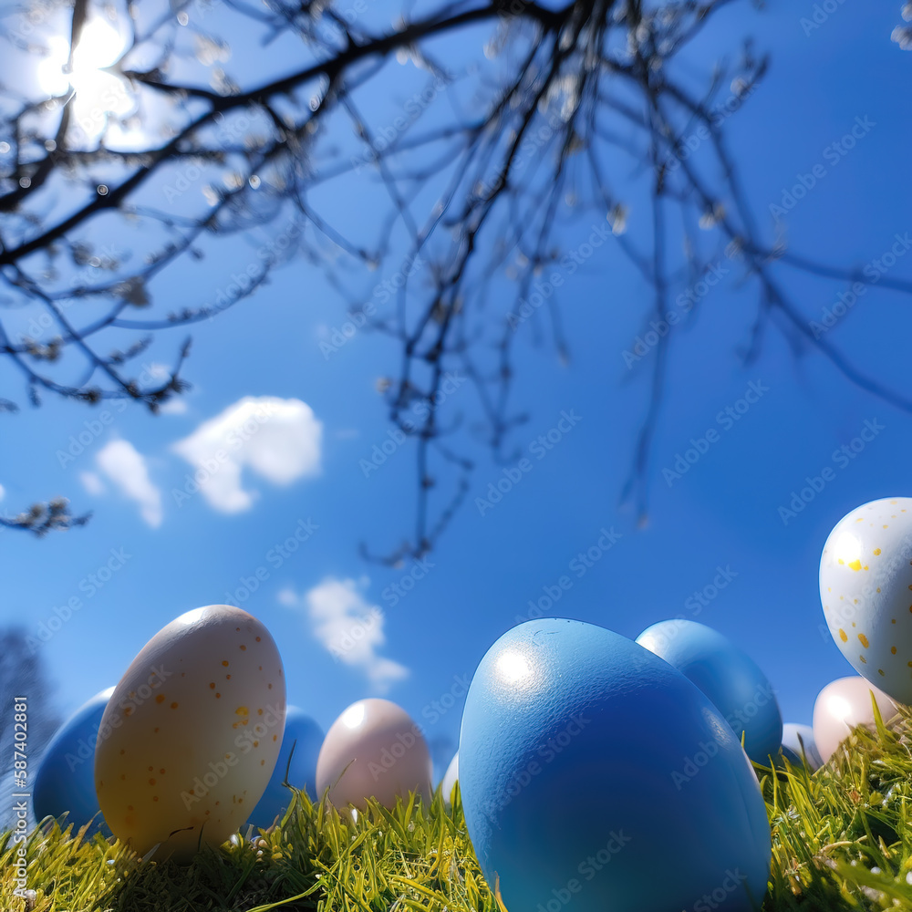 Blue Sky Easter: A Vibrant Display of Colorful Easter Eggs Scattered ...