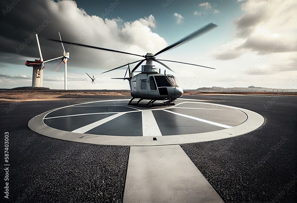 Asphalt helipad and wind farm. Wind energy. Wind power. Sustainable ...
