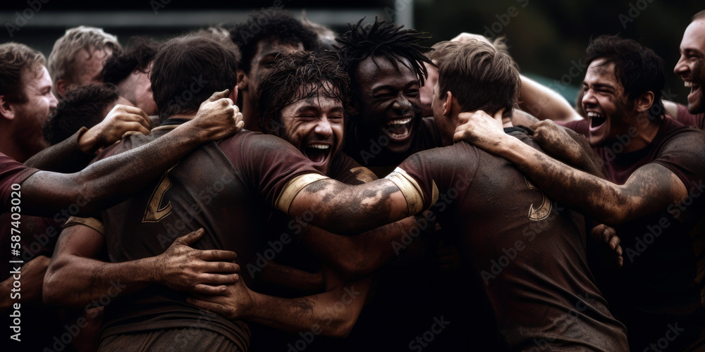 sports team celebrating a win, with players hugging each other and ...