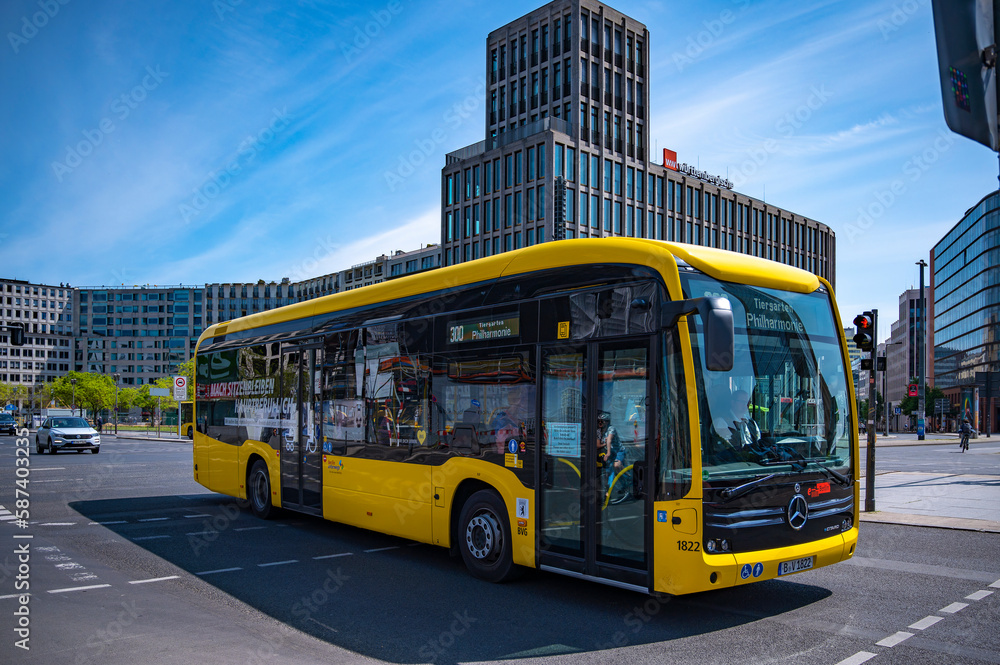 Berlin, Germany - May 8, 2020: Street scene with a public transport bus ...