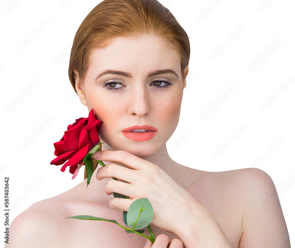 Beautiful redhead posing with red rose Stock Photo | Adobe Stock