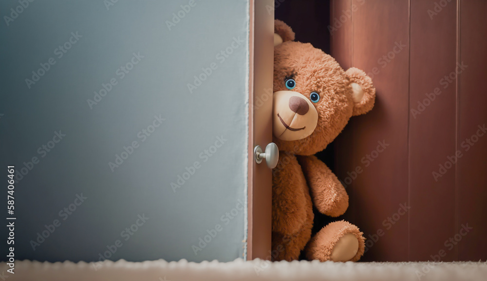 Cute brown Teddy bear toy sneak behind the door and surprise to ...